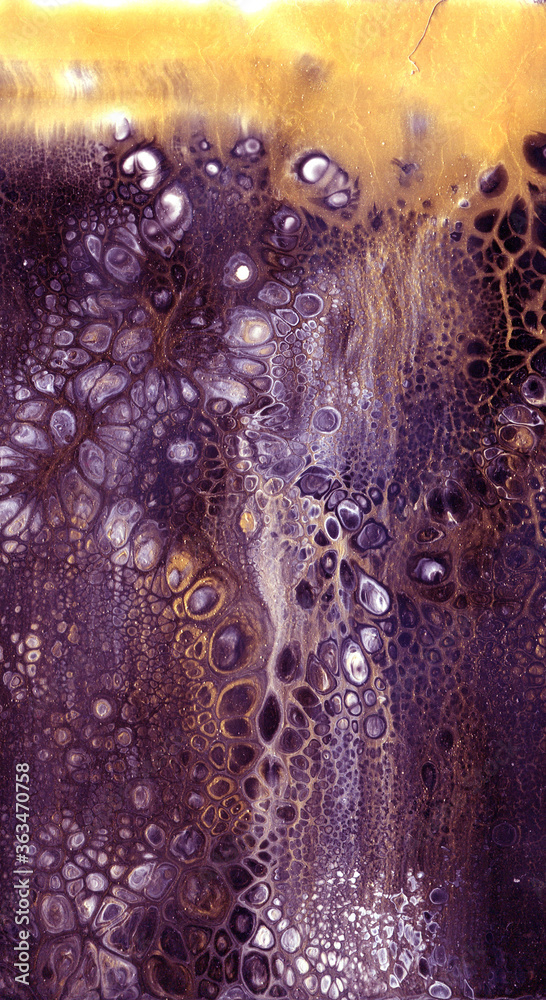 Very beautiful texture background. Purple paint flows in gold with the ...