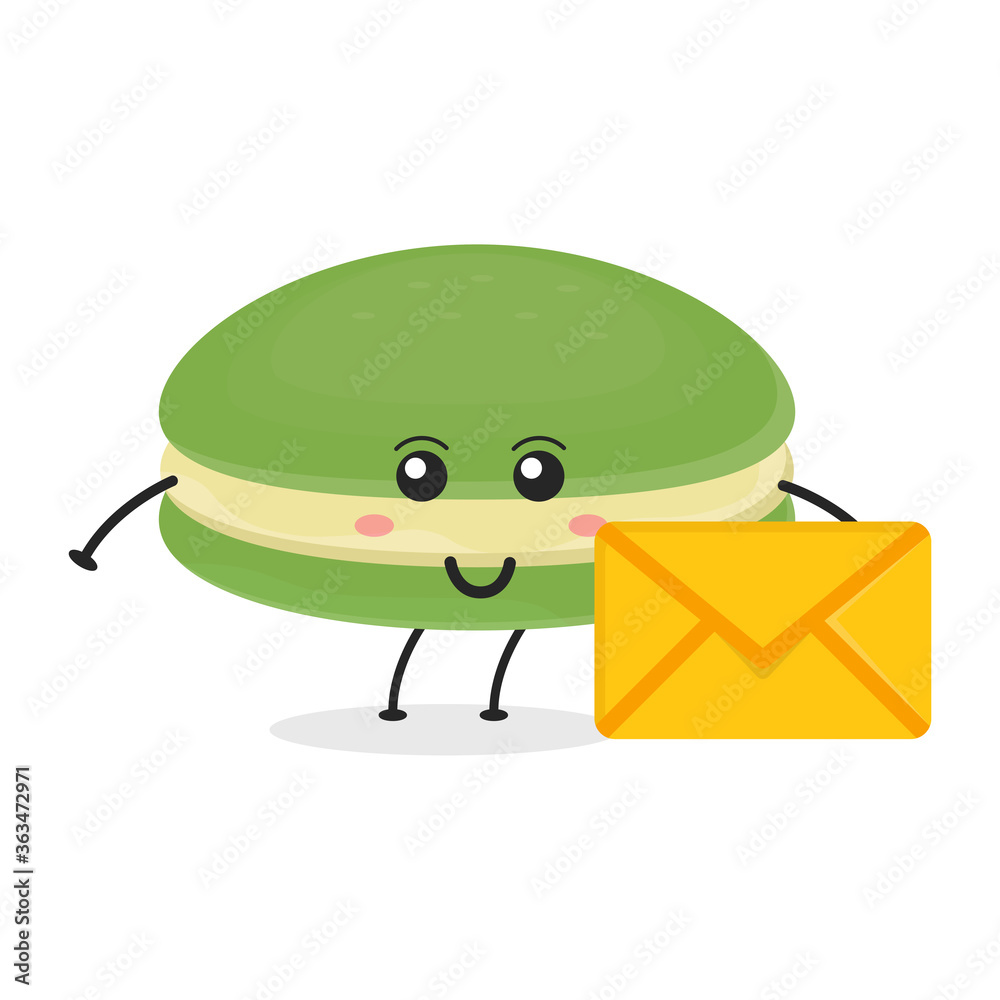Cute flat cartoon macarons illustration holding an envelope. Vector ...
