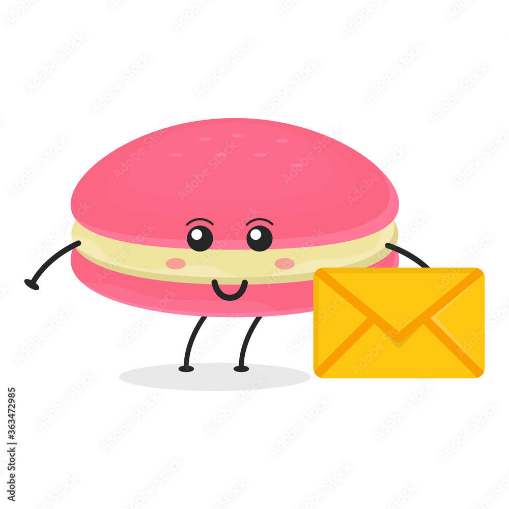 Cute flat cartoon macarons illustration holding an envelope. Vector ...