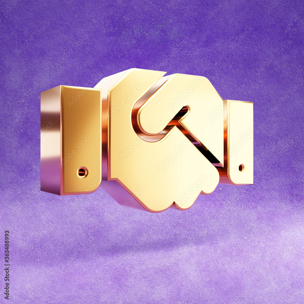 Shake hands icon. Gold glossy Shake hands symbol isolated on violet ...