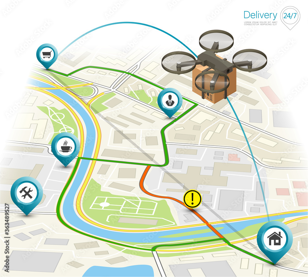 Drone delivery cargo box above flat city map concept banner. Quadcopter ...