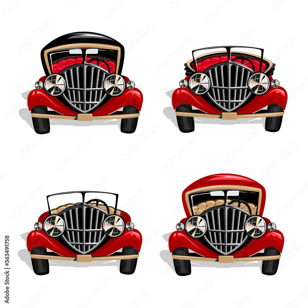 Vector set of red convertible with big headlights in retro style. 1920 ...