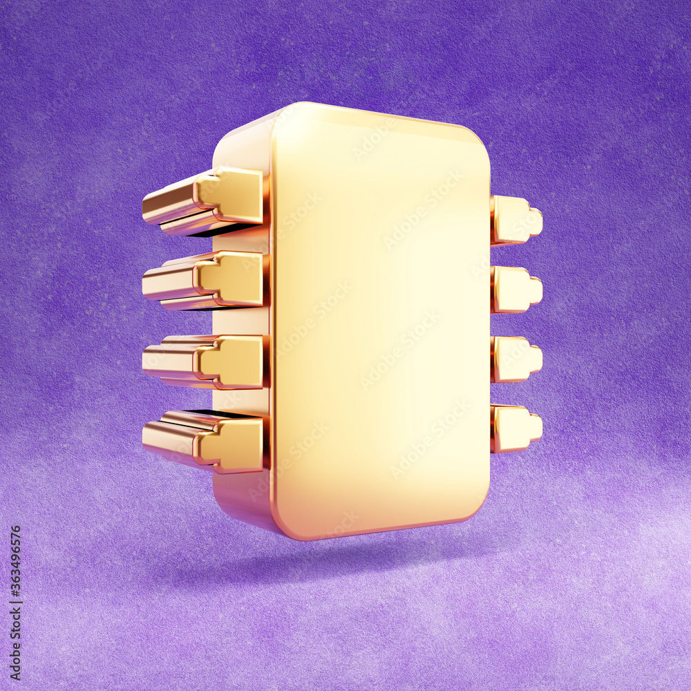 Microchip icon. Gold glossy Microchip symbol isolated on violet velvet ...