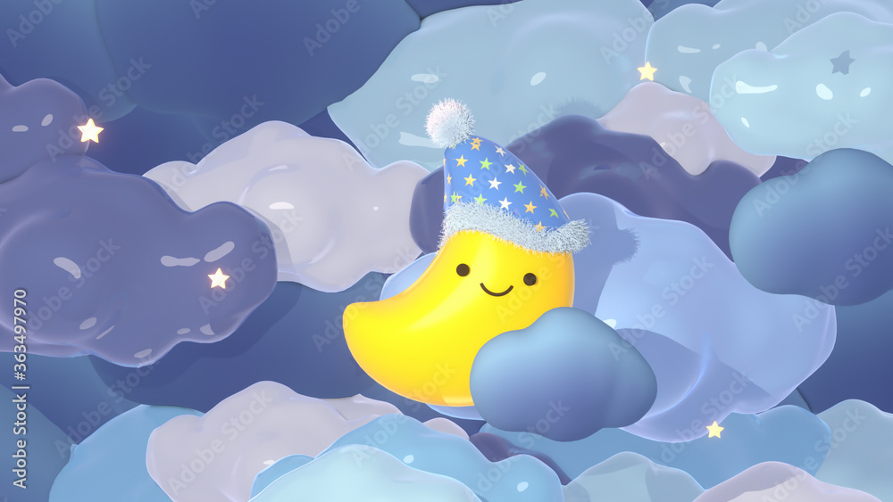 Cartoon moon with smiley face wearing a nightcap in the sky at night ...