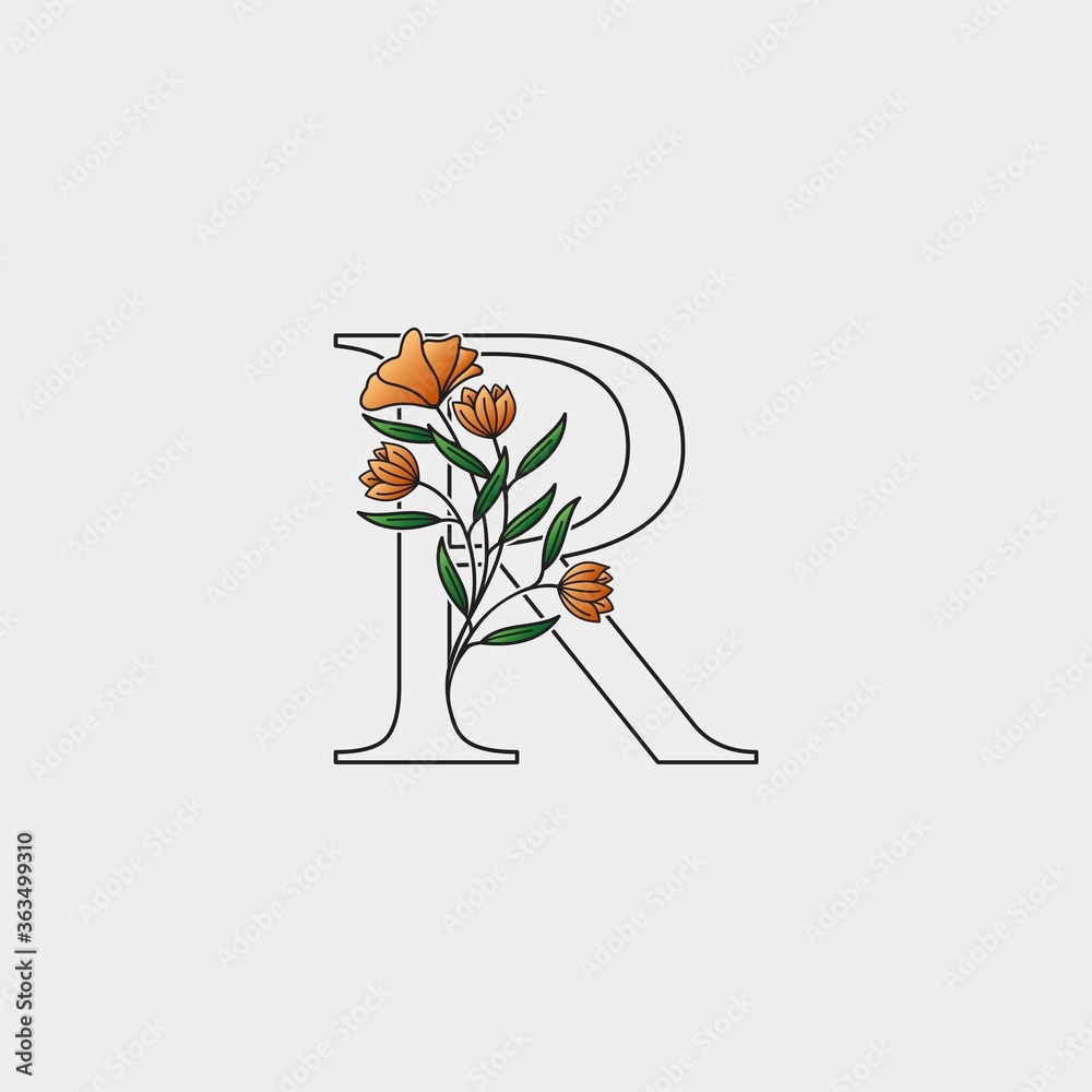 Outline Nature Flower Initial Letter R logo icon, vector letter with ...