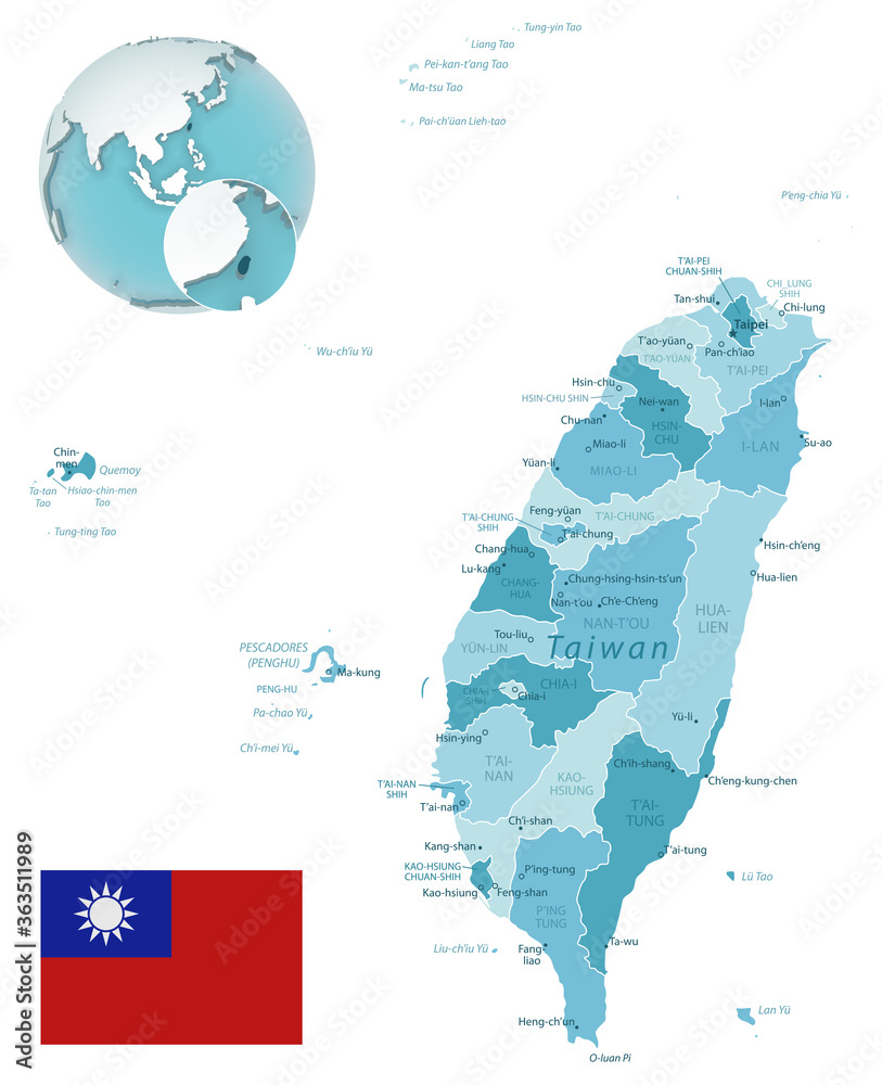 Taiwan administrative blue-green map with country flag and location on ...