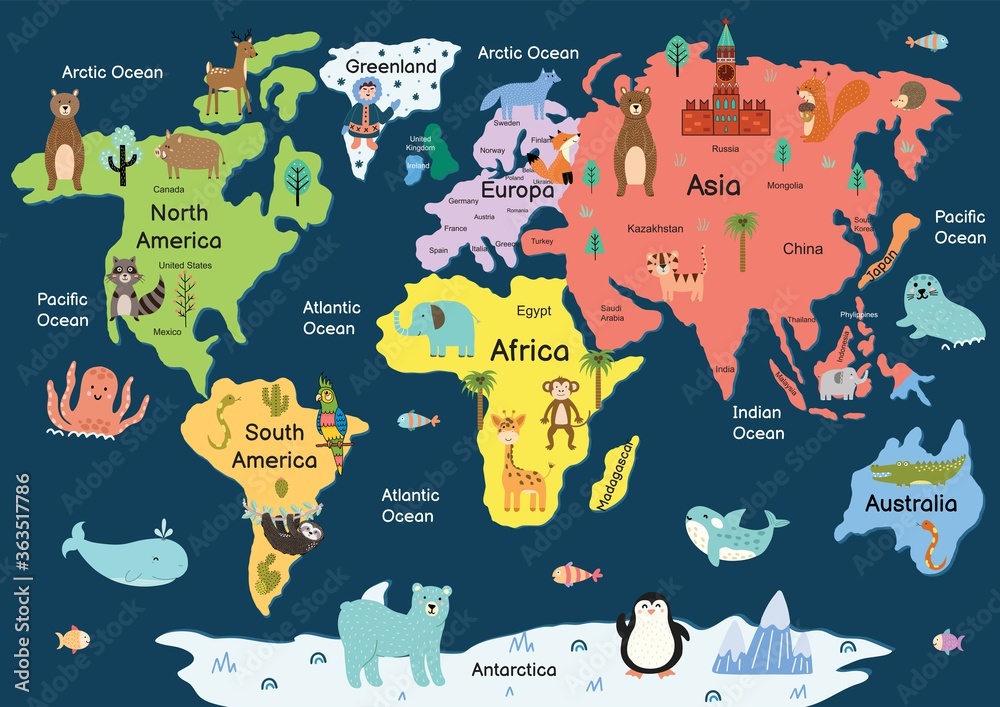 Map of the world with cute animals. Colorful cartoon map Stock Vector ...