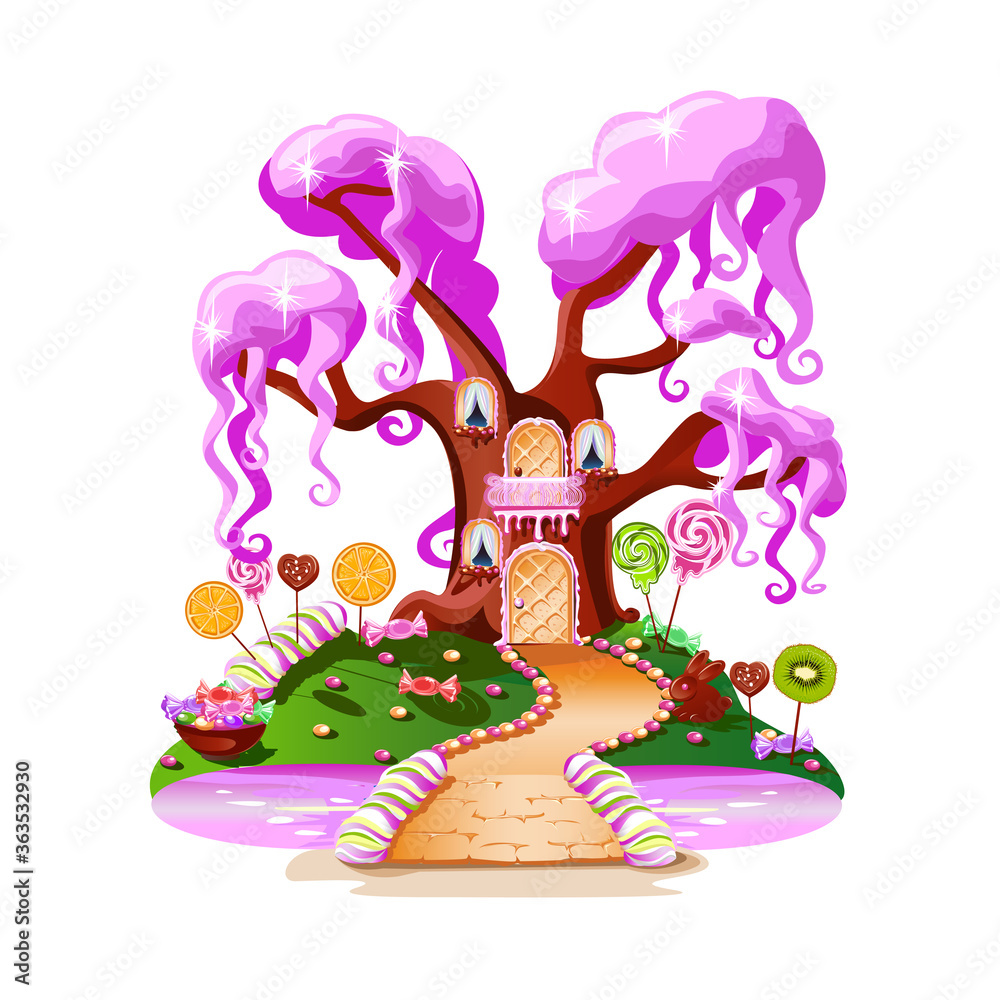 Sweet house on candy land. Fairytale house surrounded by sweets ...