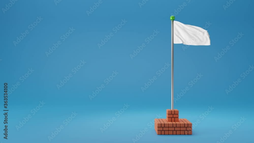 3D Render White flag waving on a orange brick block base pole ,Copy ...