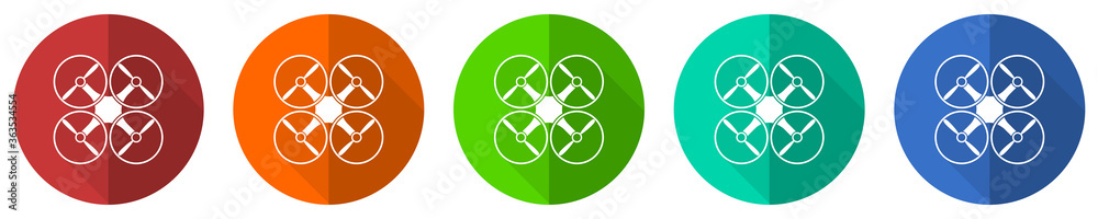 Drone icon set, copter, red, blue, green and orange flat design web ...