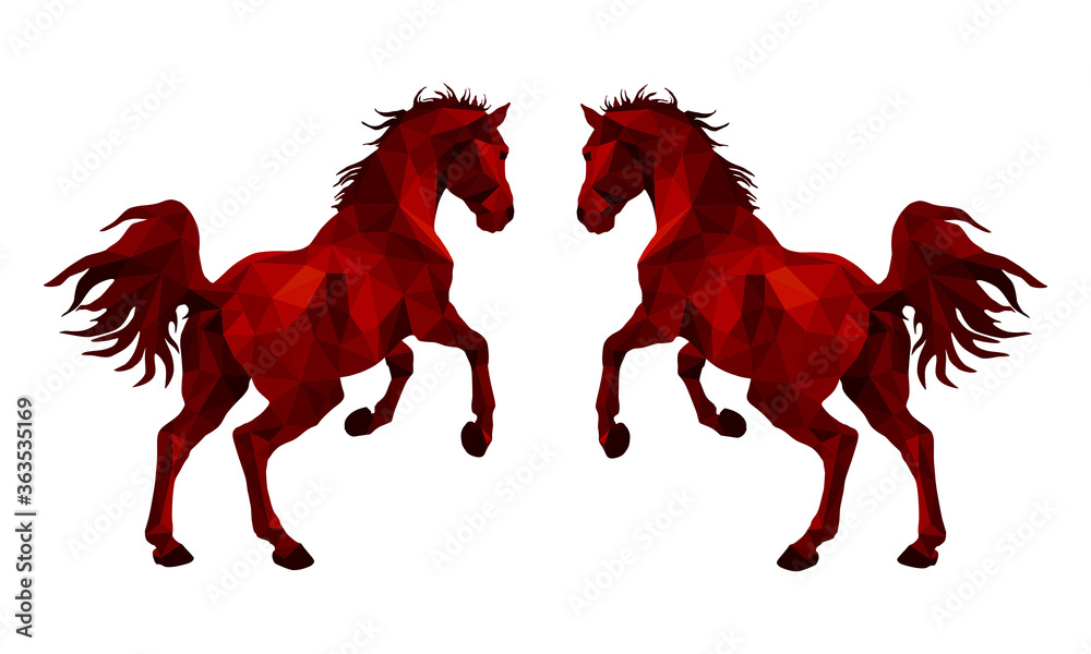 two red horses gallop, isolated image on a white background in the ...