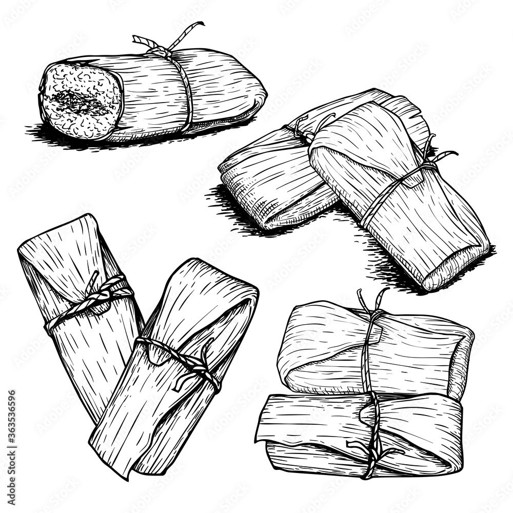 Hand drawn sketch style tamales set. Single and group. Traditional ...