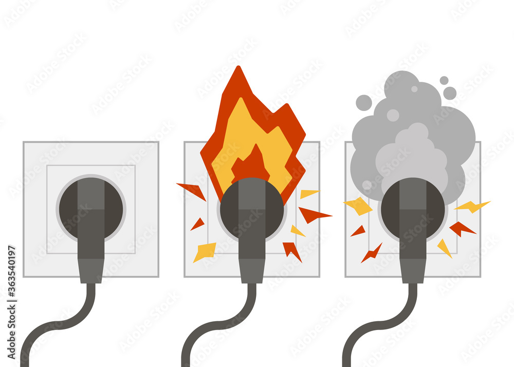 Fire wiring. Electric circuit of cable with fire, smoke, sparks. Set of ...