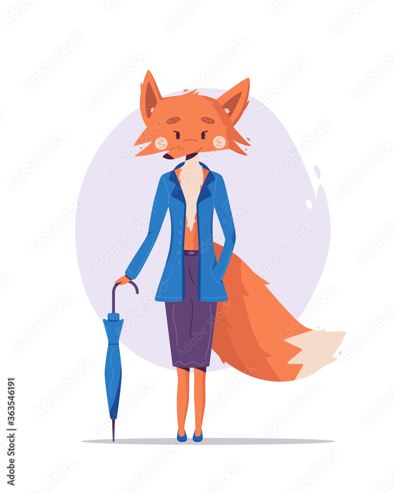 Cartoon business fox female character with umbrella, vector isolated on ...