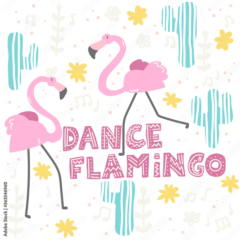 Tropical pattern. A pair of dancing flamingos near cacti. Cartoon ...