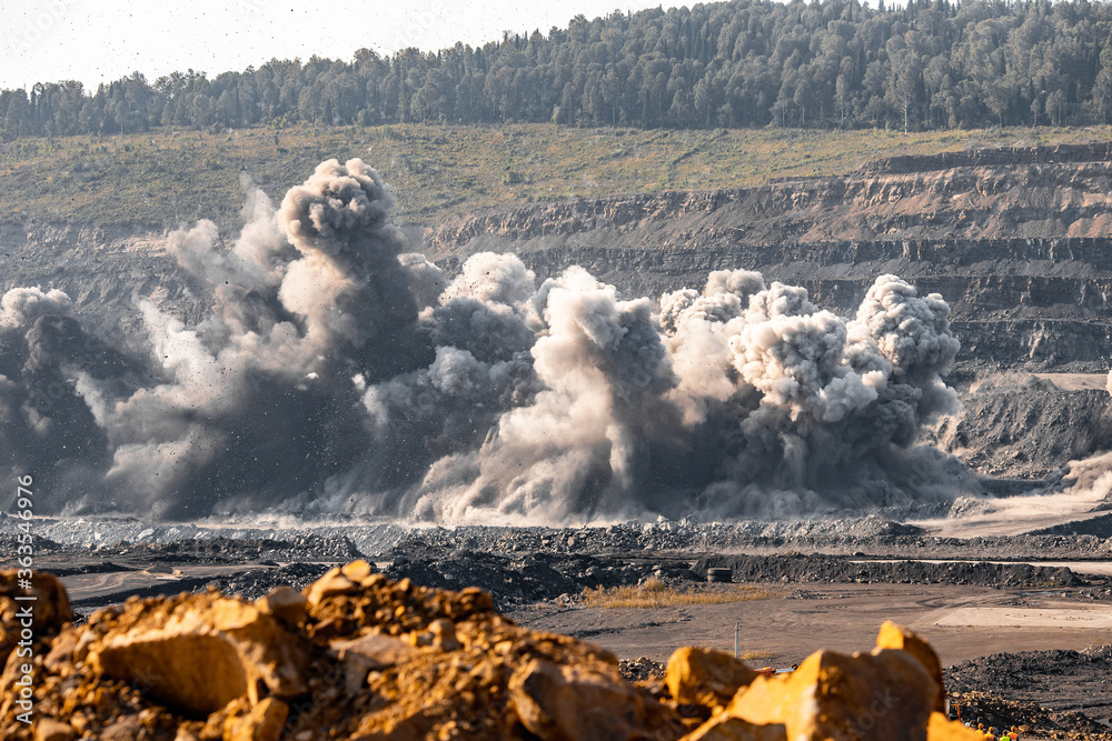 Explosive works on open pit coal mine industry Stock Photo | Adobe Stock