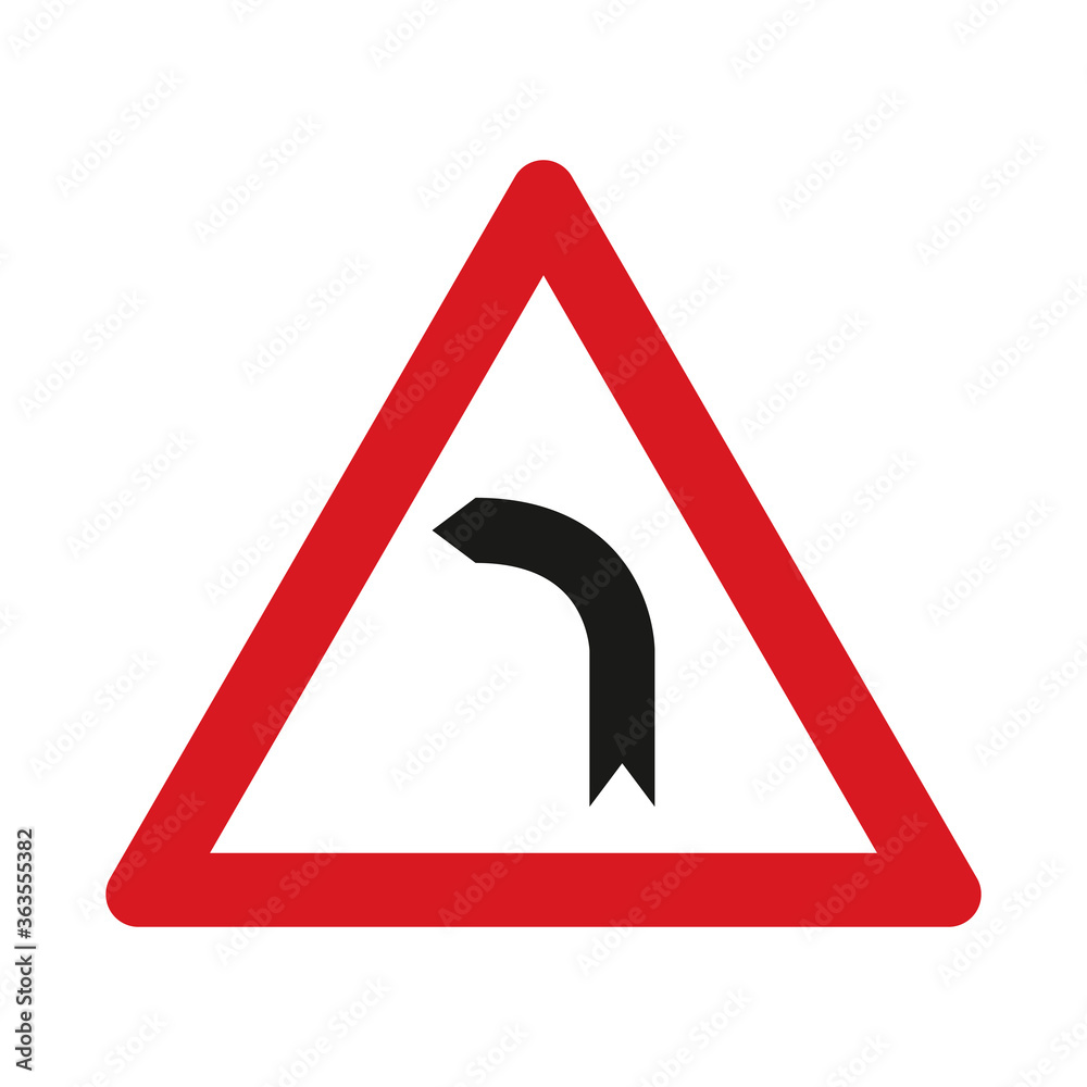 Traffic sign warning for a curve to the left. Traffic sign isolated on ...
