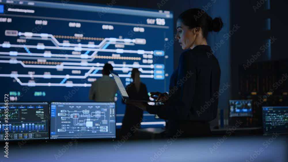 Beautiful Confident Female Project Leader works on a Laptop Standing in ...