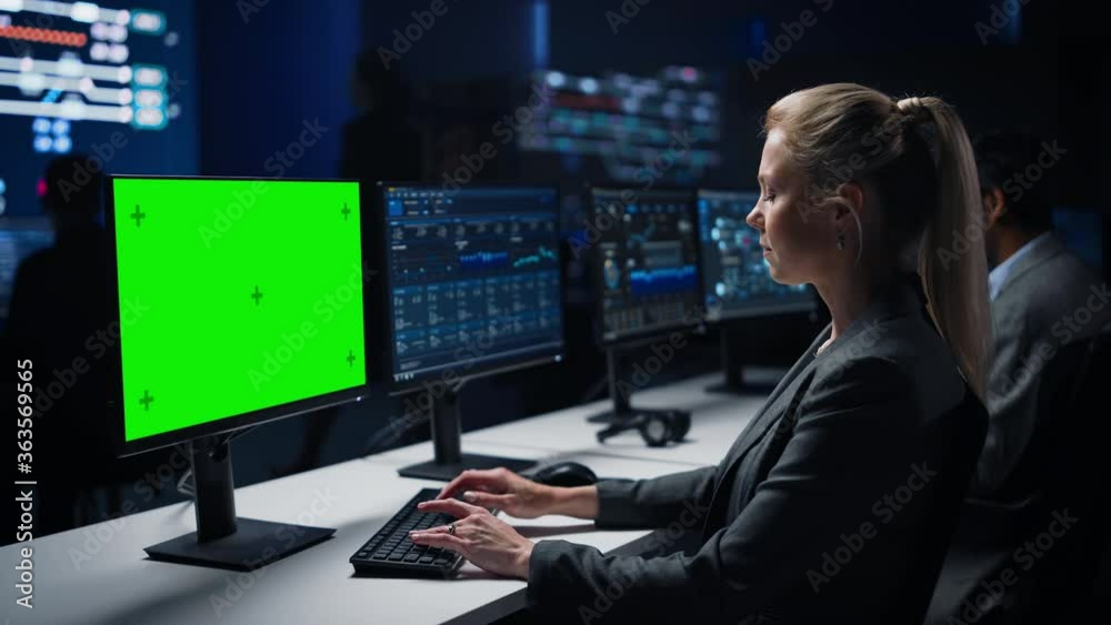 Confident Female Data Scientist Works on Green Chroma Key Screen ...