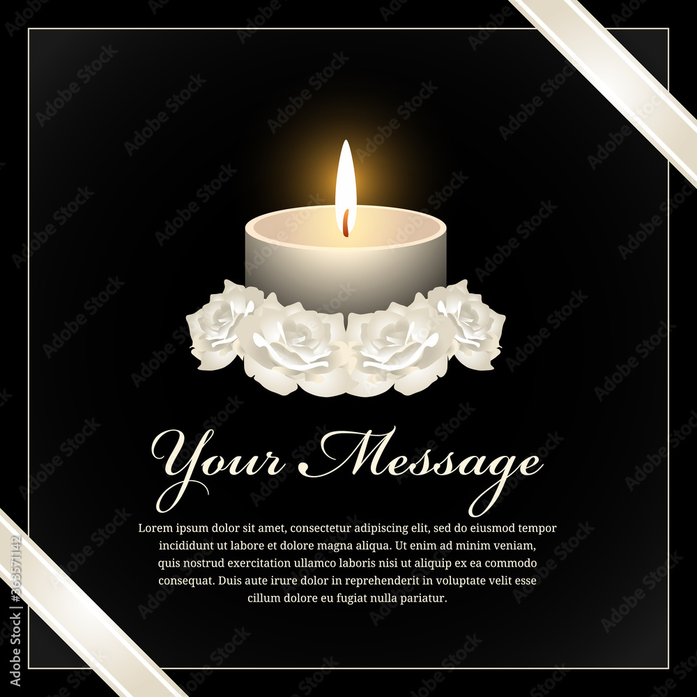 Funeral banner with candle light and white rose on black background ...