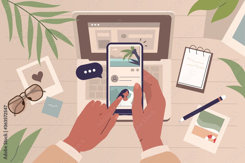 Photos Lying on Desk. Character Hands Holding Smartphones and Scrolling ...