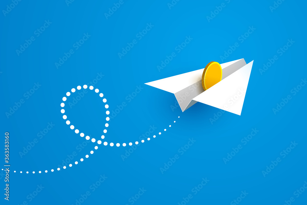 Paper airplane with gold coin inside is flying over blue background ...