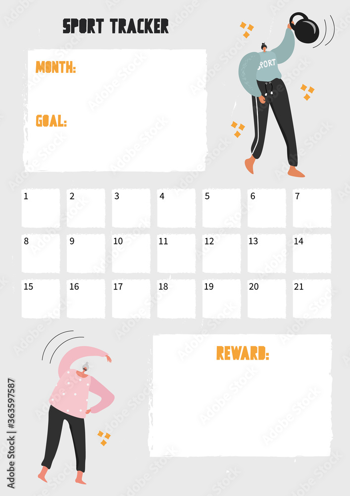 Cute vector sport tracker with 3 weeks grid and place for notes. A ...