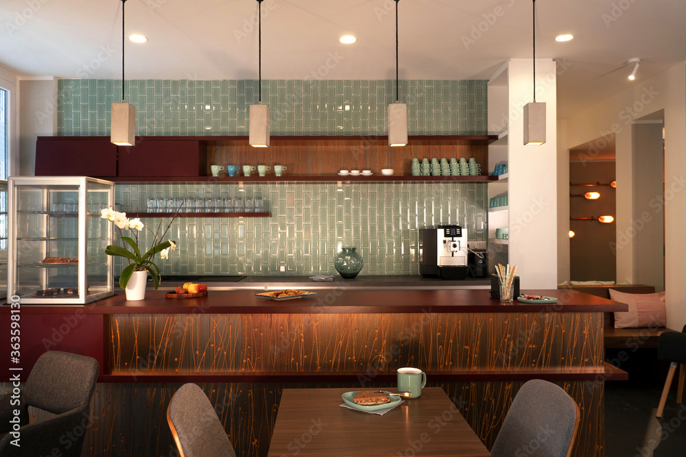 Modern Retro Cafe Interior with eye catching tile wall background, wide ...