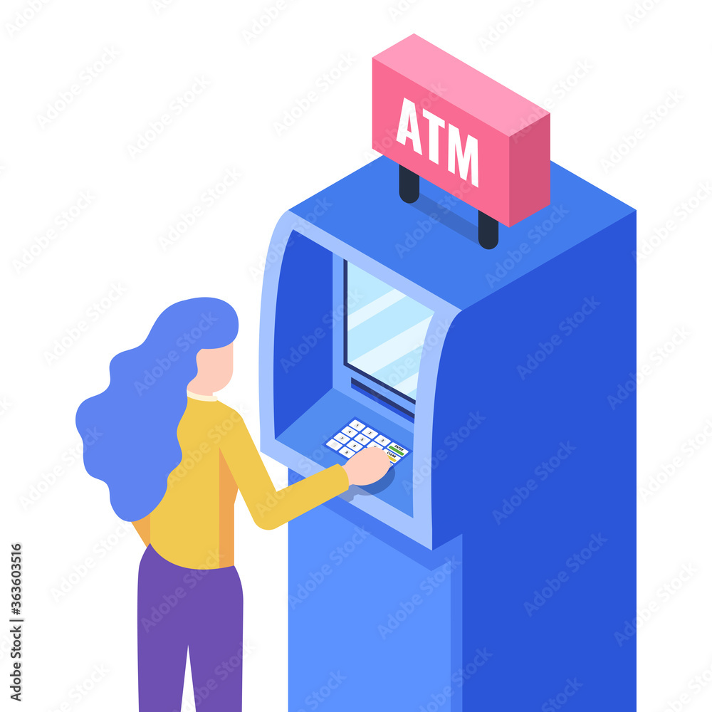 Woman customer standing near atm machine. Can use for web banner ...