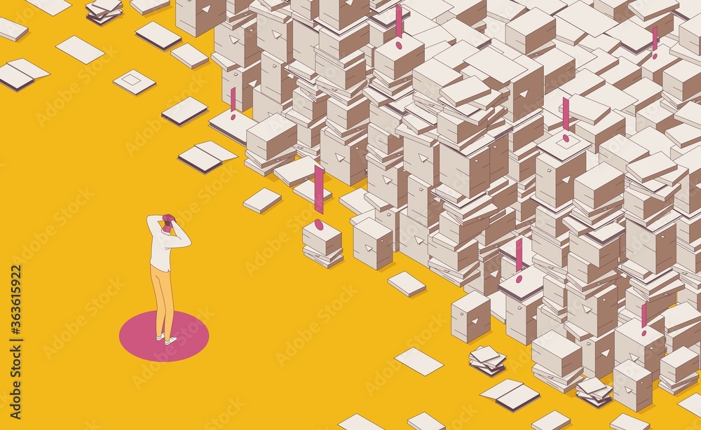 Isometric full color outline mess paper work, documents and important ...