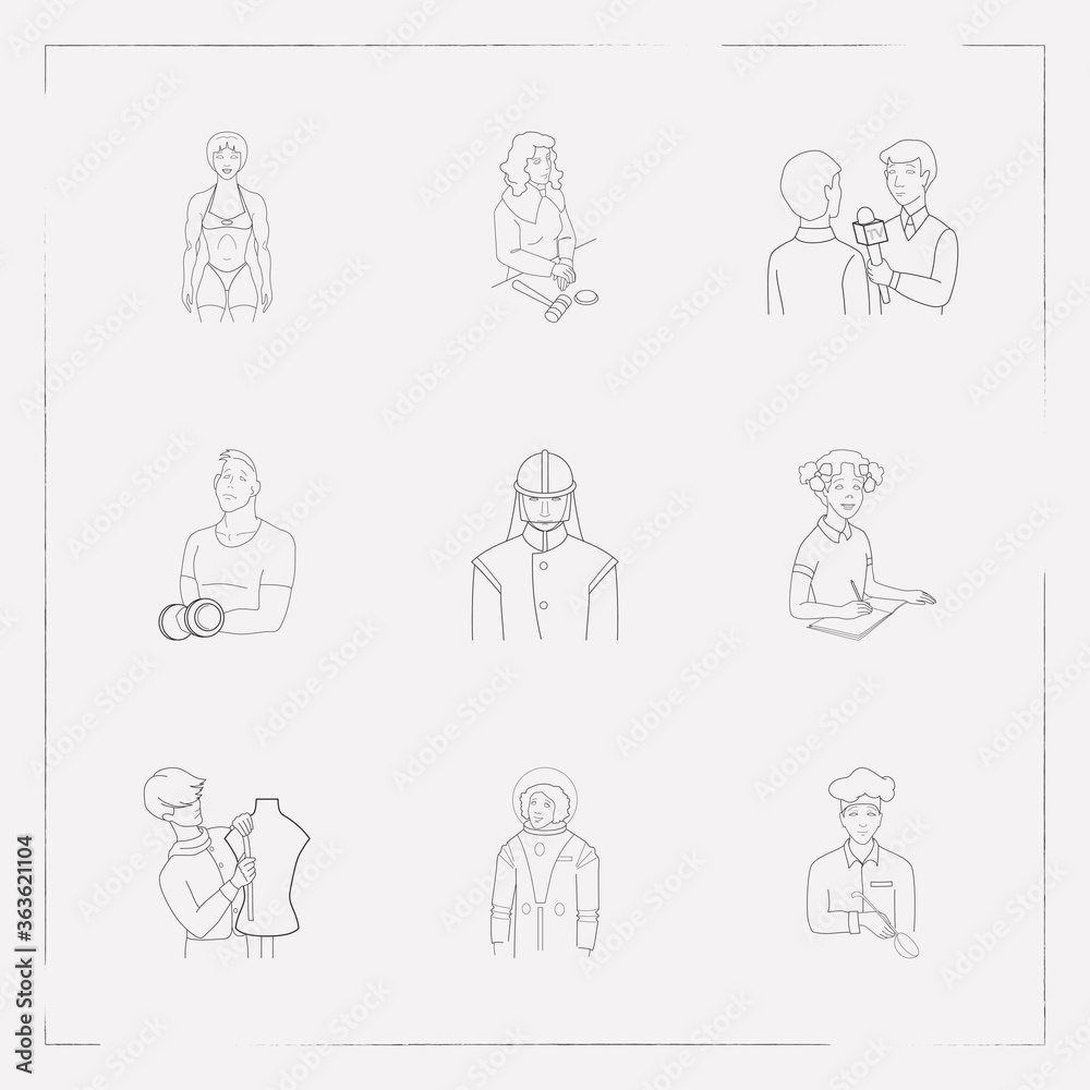 Set of occupation icons line style symbols with cosmonaut, bodybuilder ...