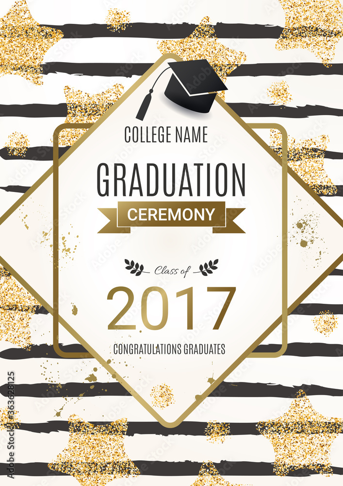 Graduation ceremony poster design with golden stars. Congratulations ...