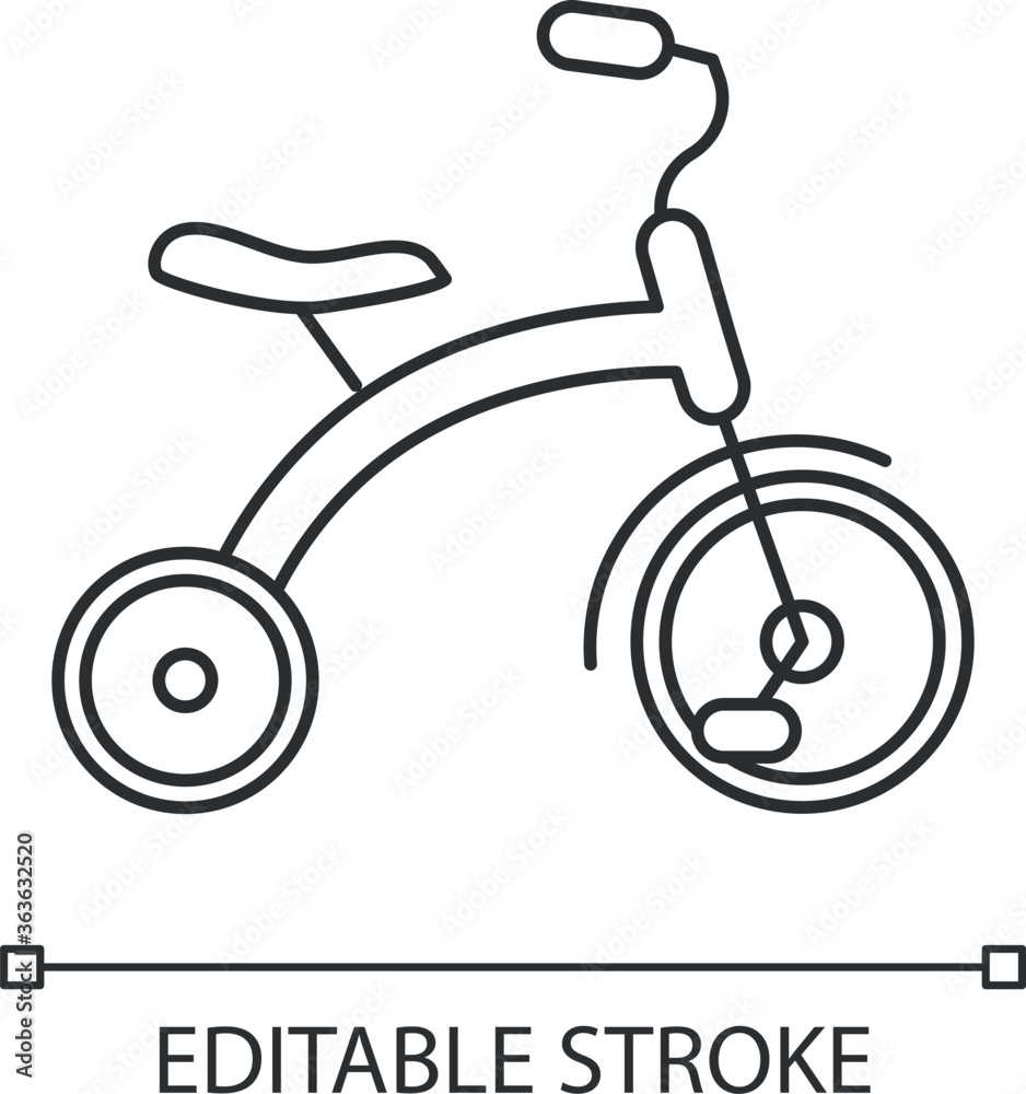 Tricycle pixel perfect linear icon. Trikes for toddlers. Children ride ...