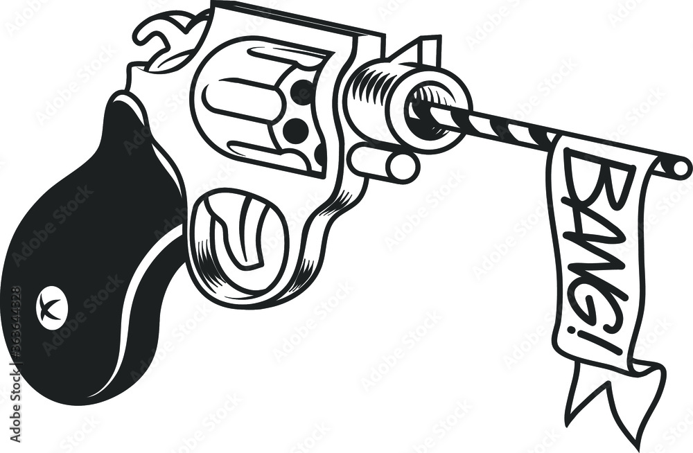 Revolver. Shot of gun with surprise. Vector illustration, firearm ...