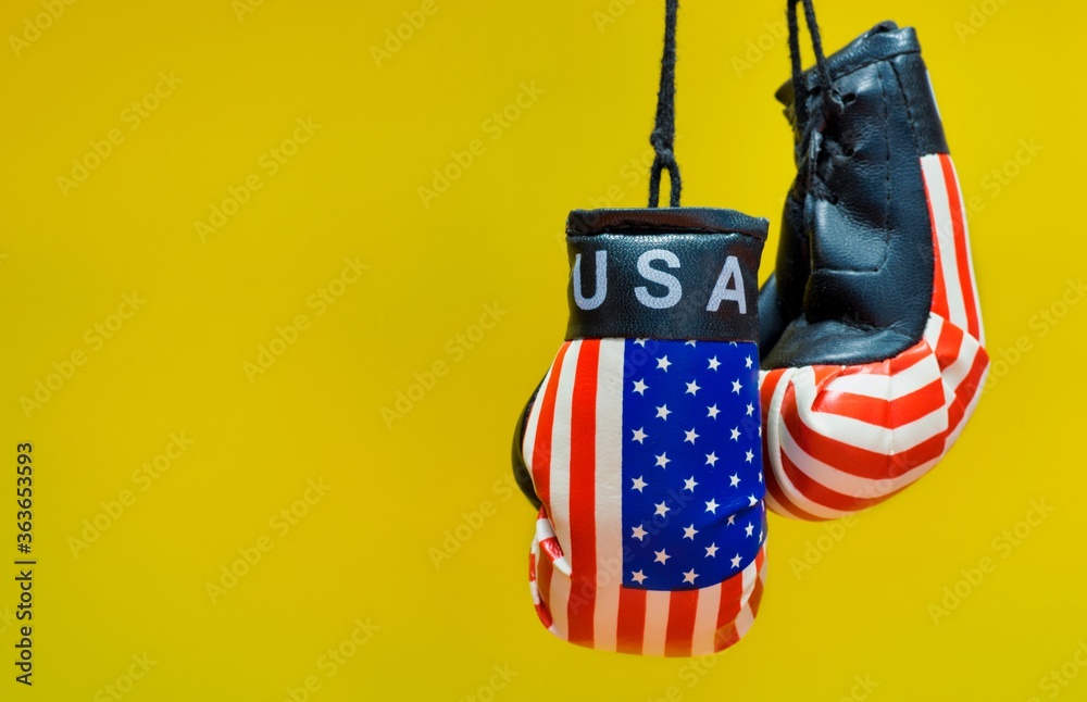 Replica boxing gloves with USA label and Country colors hanging in ...
