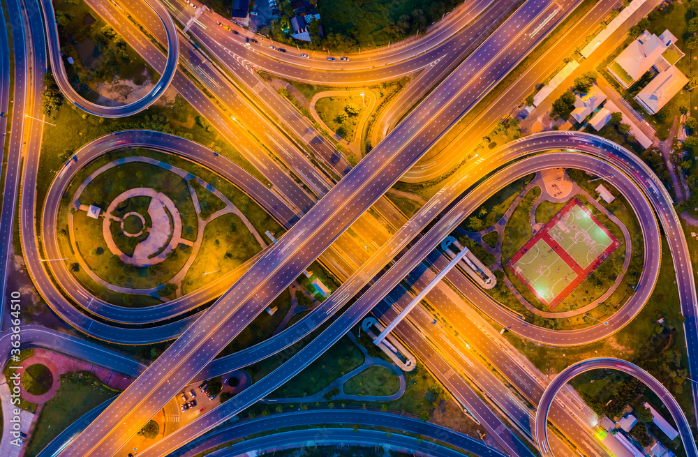 Aerial view footage of car traffic of expressway and intersection in ...