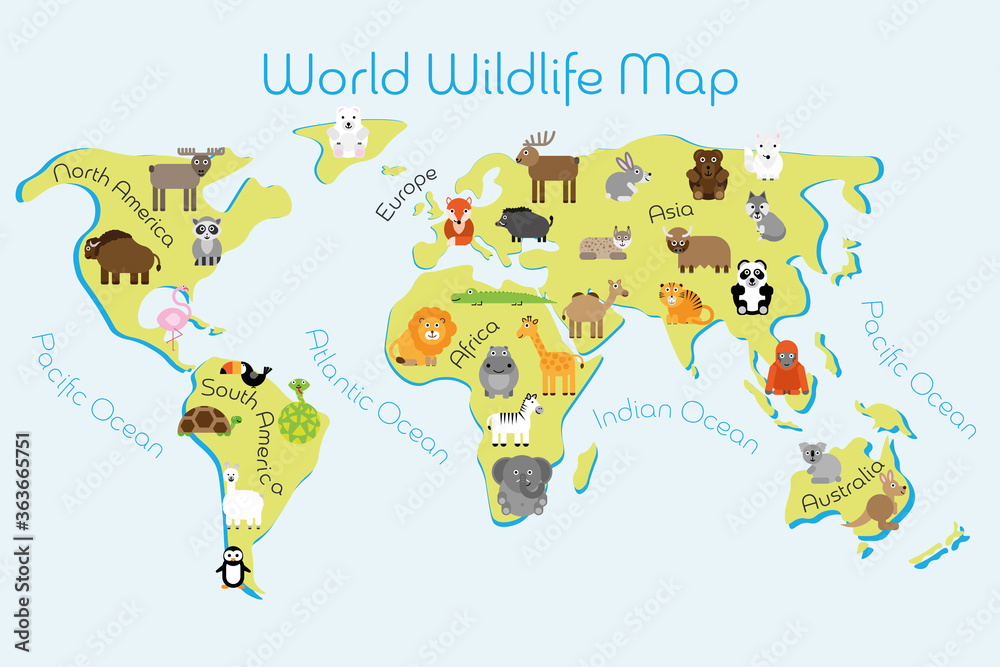 World Wildlife Map - continents with typical fauna. Funny cartoon ...