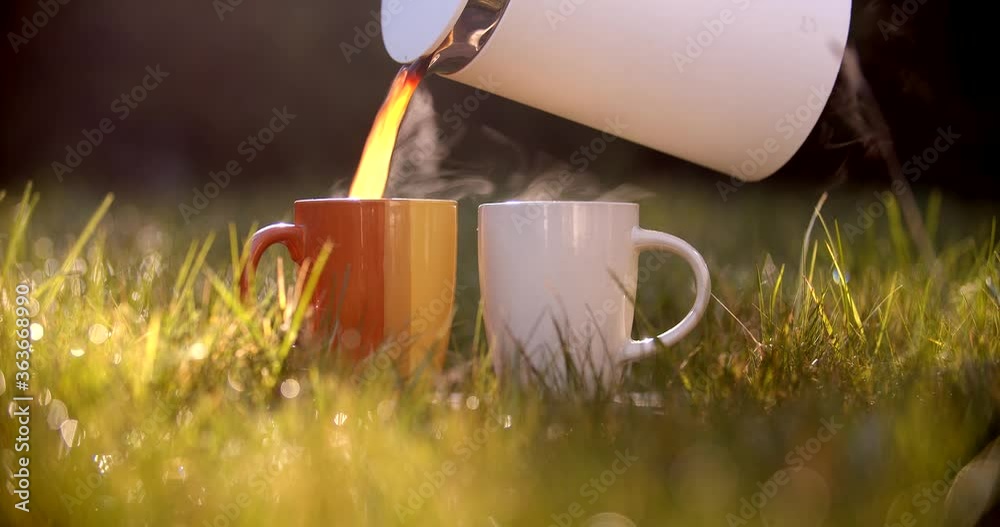 Video „Pouring hot tea into cups in the grass. Morning tea ceremony ...
