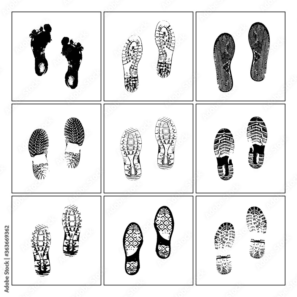 Shoe marks and human foot mark drawing by Illustration. Difference kind ...