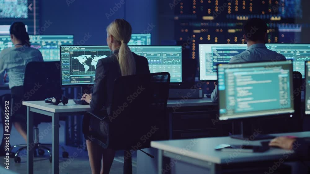 Team of Professional Computer Data Science Engineers Work on Desktops ...