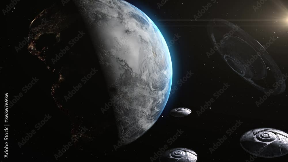 UFO Alien Fleet Saucers Hovering over Planet earth, Metallic Rotating ...