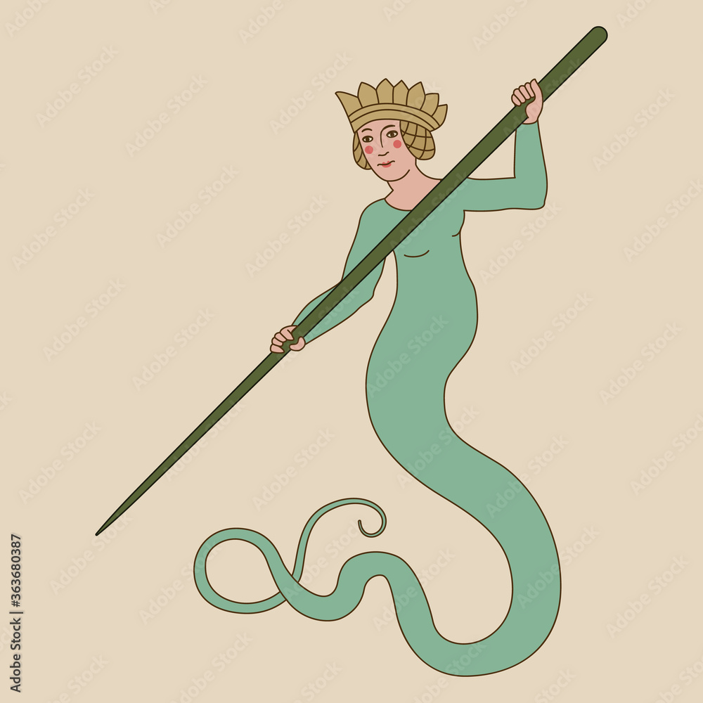 Medieval warrior mermaid. Heraldic creature. Snake lady. Siren or Lamia ...
