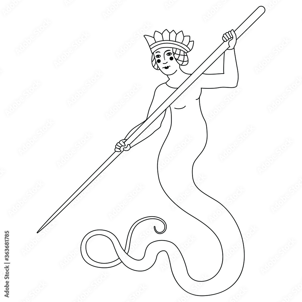 Medieval warrior mermaid. Heraldic creature. Snake lady. Siren or Lamia ...