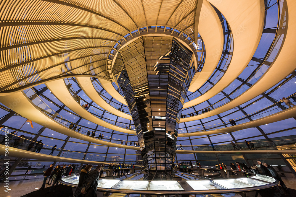 Berlin, Germany: interior staircase within the glass dome of the ...