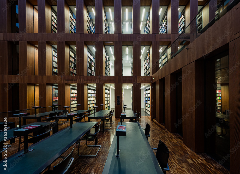 Berlin, Germany: modern cubical interior of the Jacob and Wilhelm Grimm ...