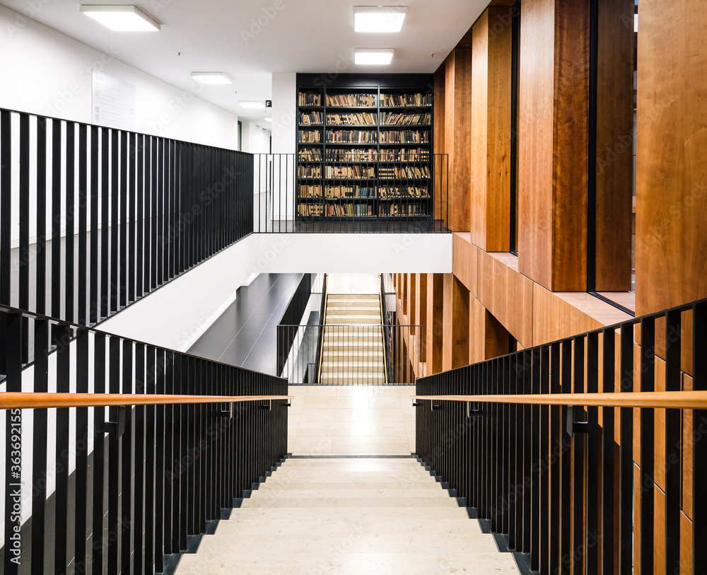 Berlin, Germany: modern cubical interior of the Jacob and Wilhelm Grimm ...