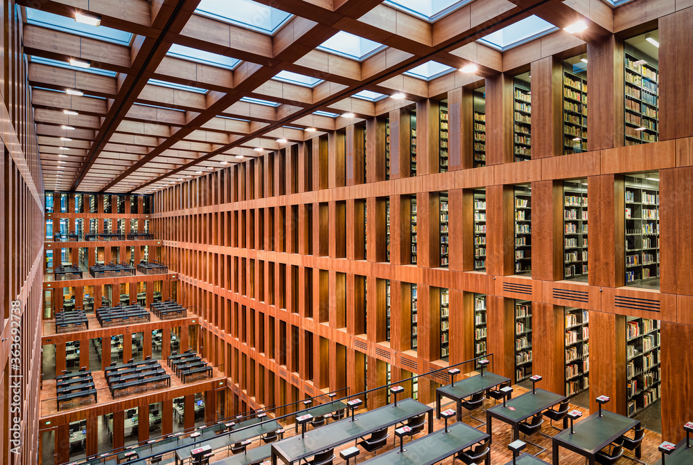 Berlin, Germany: modern cubical interior of the Jacob and Wilhelm Grimm ...
