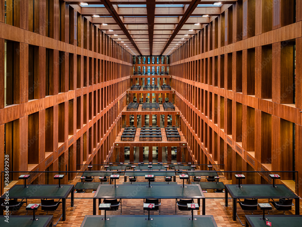 Berlin, Germany: modern cubical interior of the Jacob and Wilhelm Grimm ...