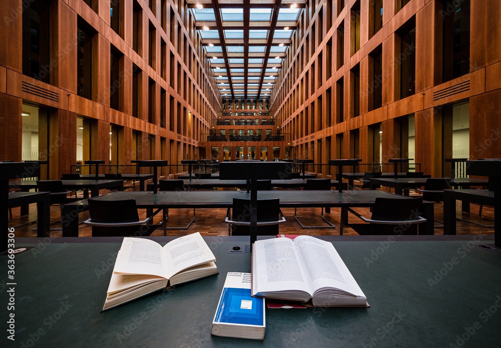 Berlin, Germany: modern cubical interior of the Jacob and Wilhelm Grimm ...