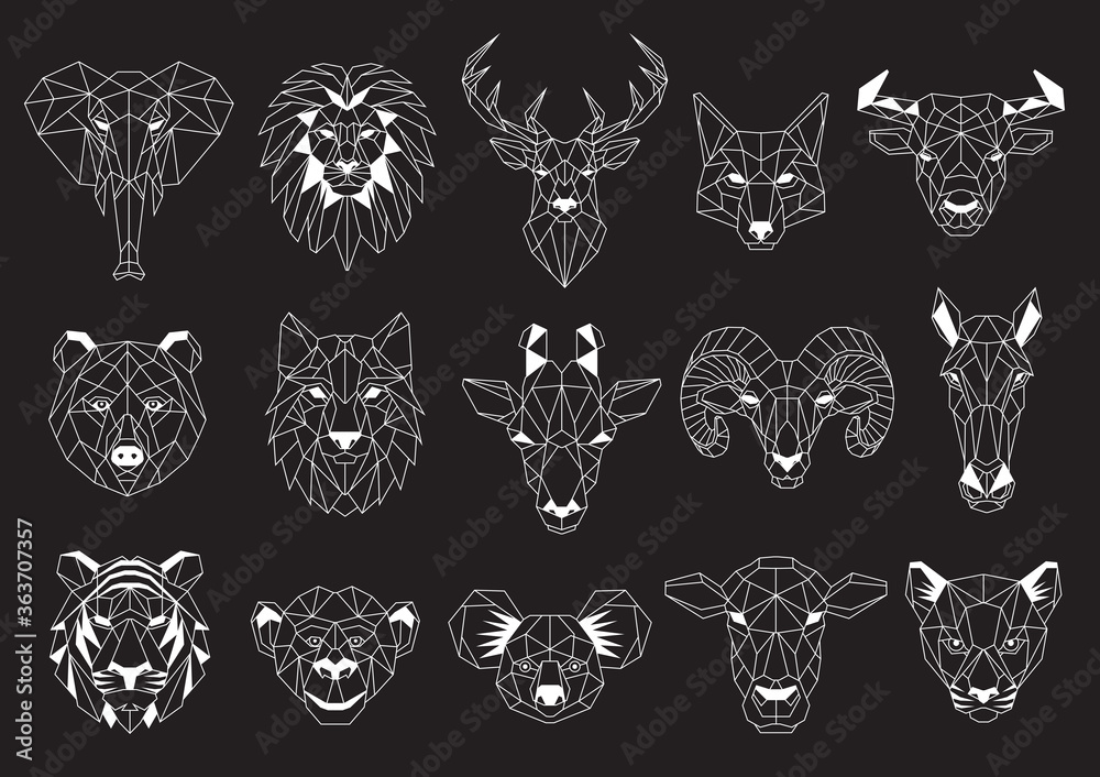 Set of Geometric abstract animals. White animals on black background ...